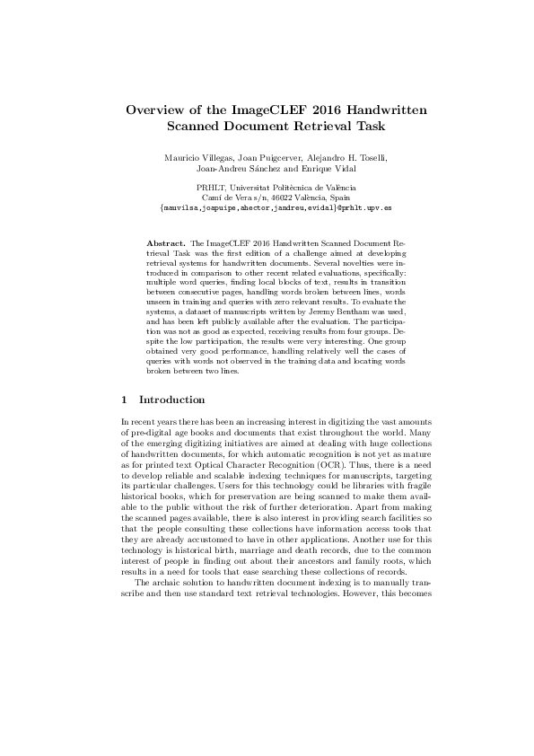 (PDF) Overview of the ImageCLEF 2016 Handwritten Scanned Document ...