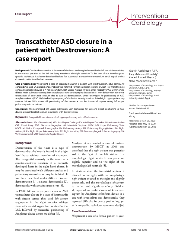 (PDF) Transcatheter ASD closure in a patient with Dextroversion: A case ...