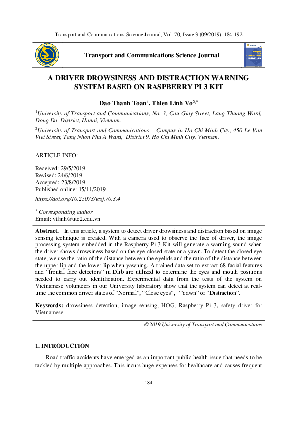 (PDF) A driver drowsiness and distraction warning system based on raspberry Pi 3 Kit