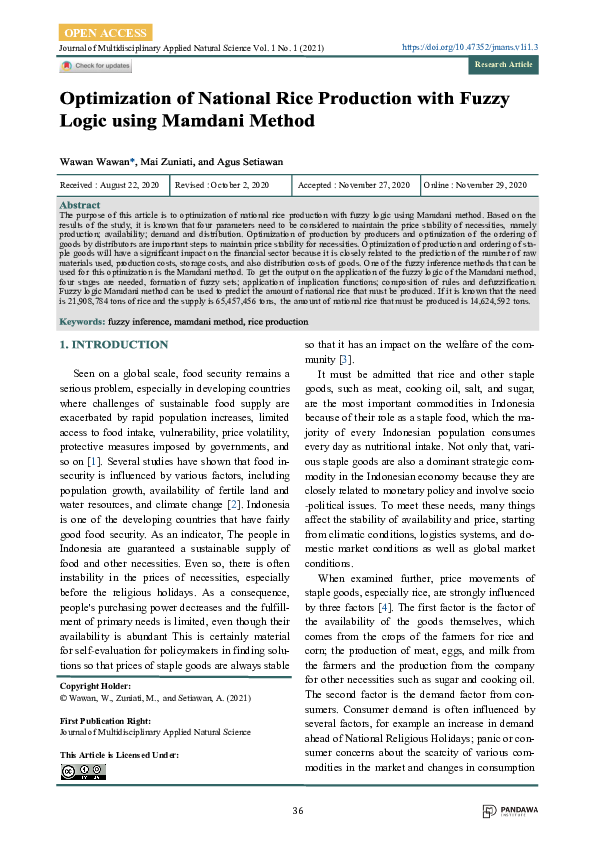 (PDF) Optimization of National Rice Production with Fuzzy Logic using Mamdani Method