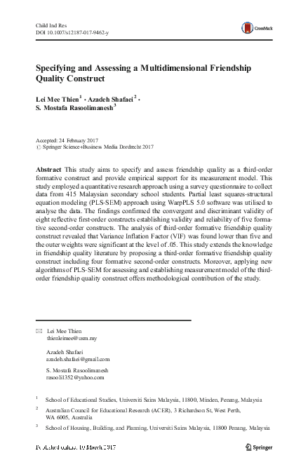(PDF) Specifying and Assessing a Multidimensional Friendship Quality Construct