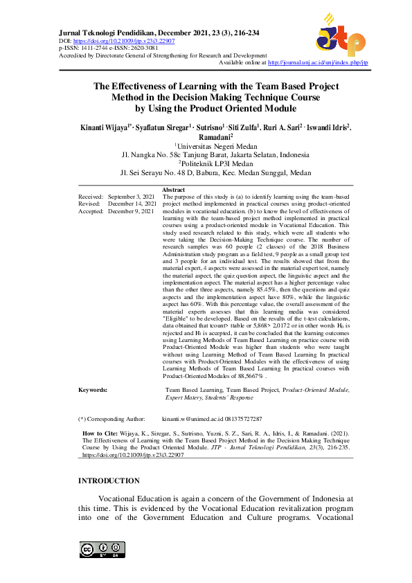 (PDF) The Effectiveness of Learning with the Team Based Project Method ...