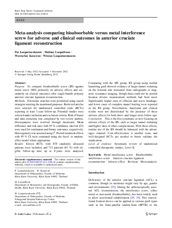 (PDF) Bioabsorbable vs Metal Screws in ACL Surgery