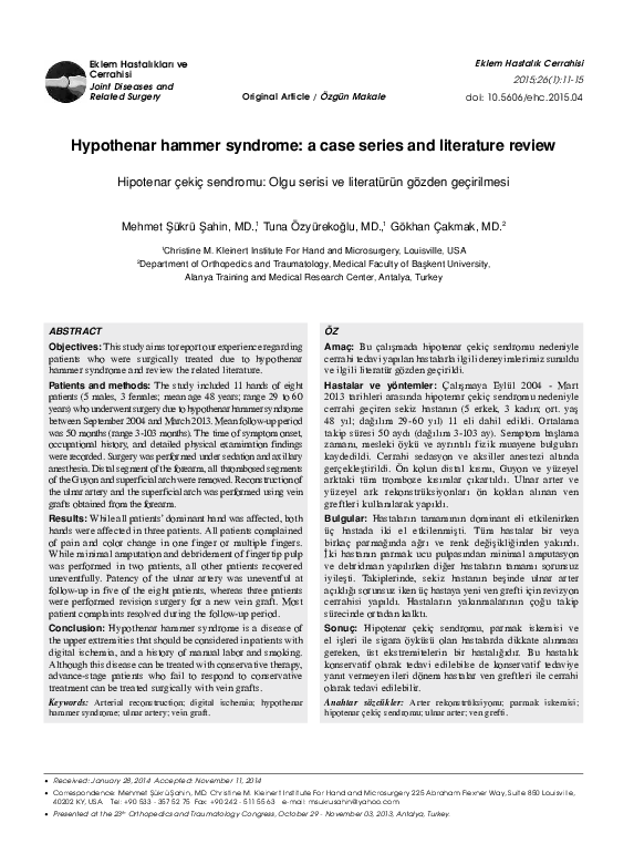 (PDF) Hypothenar hammer syndrome: a case series and literature review