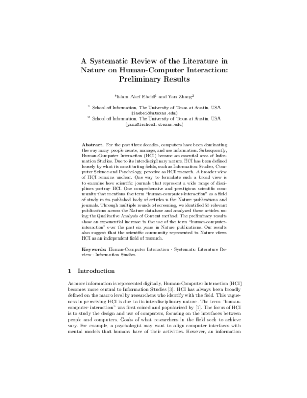 (PDF) A systematic review of the literature in nature on human-computer interaction: Preliminary ...