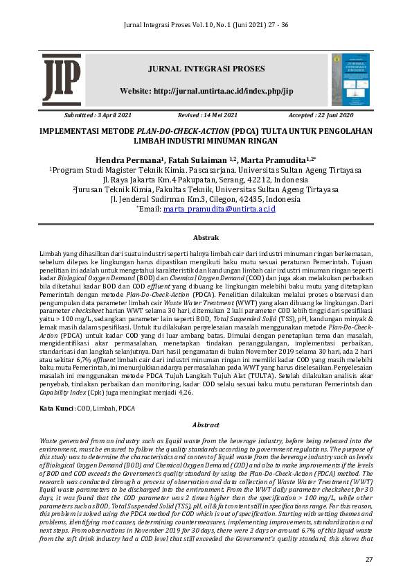 (PDF) Implementasi Metode Plan-Do-Check-Action (PDCA) TULTA Untuk ...