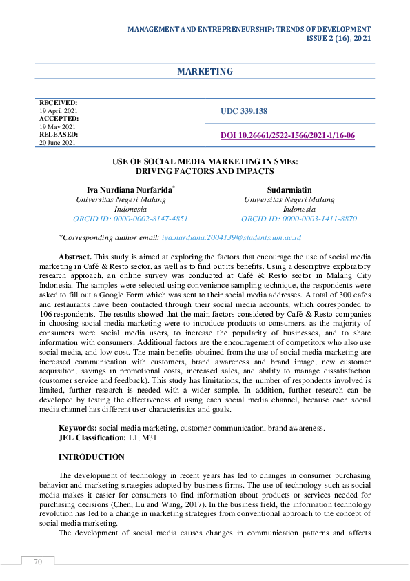 (PDF) Use of social media marketing in SMEs: driving factors and impacts