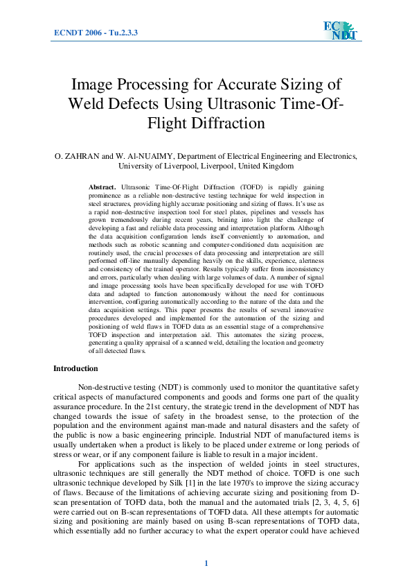 Pdf Image Processing For Accurate Sizing Of Weld Defects Using Ultrasonic Time Of Flight