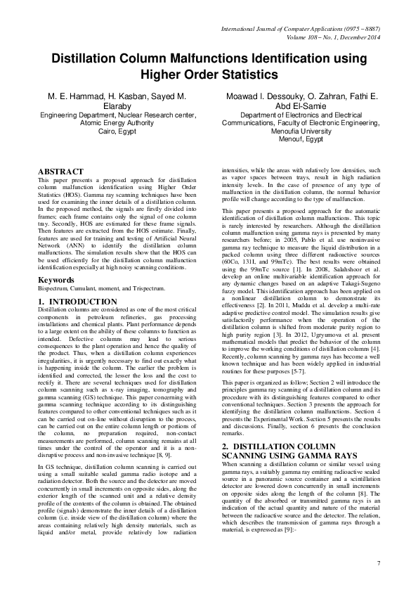 Pdf Distillation Column Malfunctions Identification Using Higher
