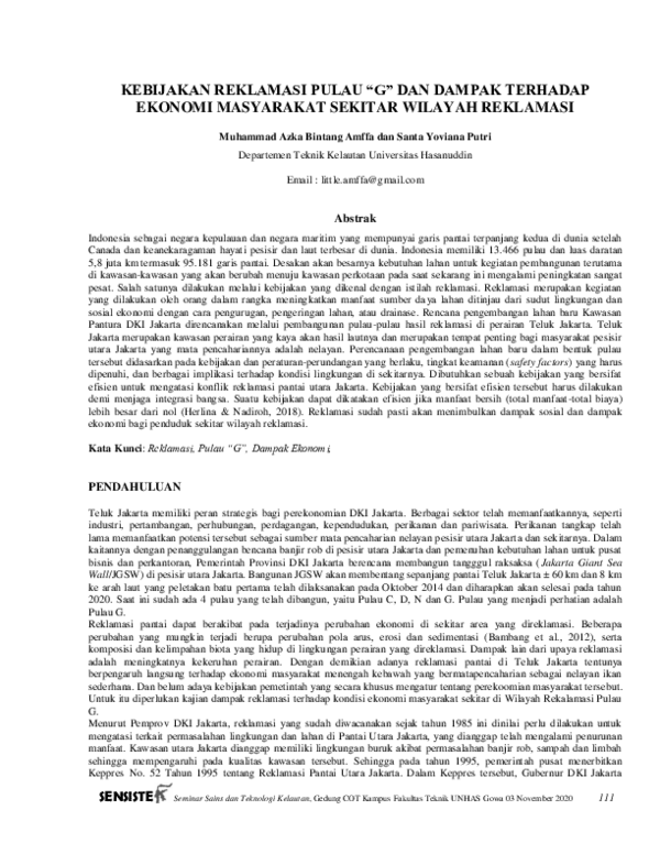 (PDF) Kebijakan Reklamasi Pulau "G" Dan Dampak Terhadap Ekonomi ...