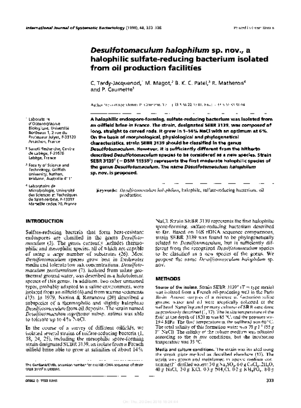 (PDF) Desulfotomaculum halophilum sp. nov., a halophilic sulfate ...
