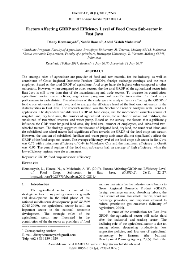 (PDF) Factors Affecting GRDP and Efficiency Level of Food Crops Sub-sector in East Java | Prof ...