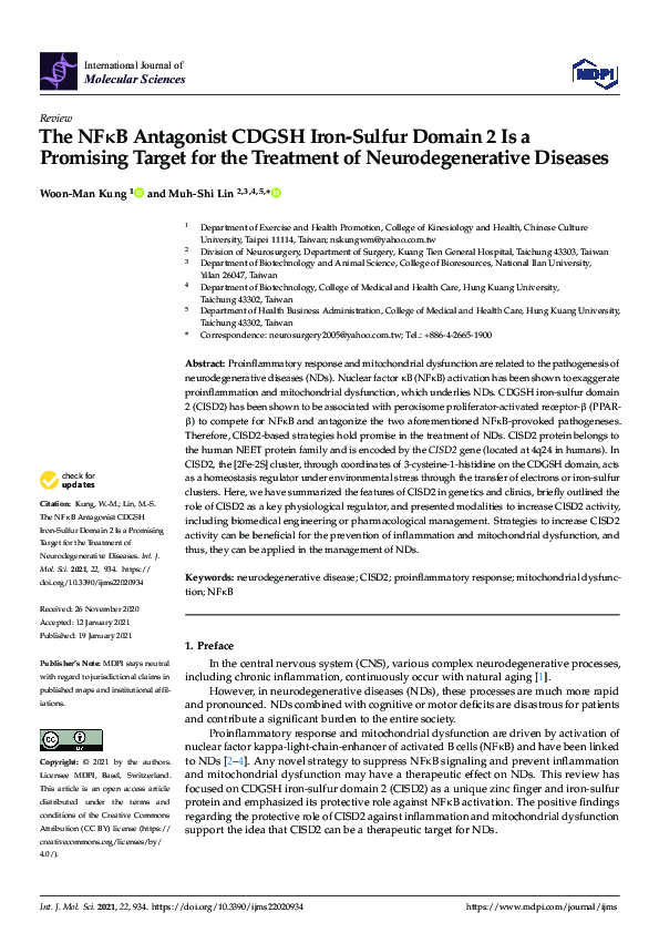 (PDF) The NFκB Antagonist CDGSH Iron-Sulfur Domain 2 Is a Promising ...