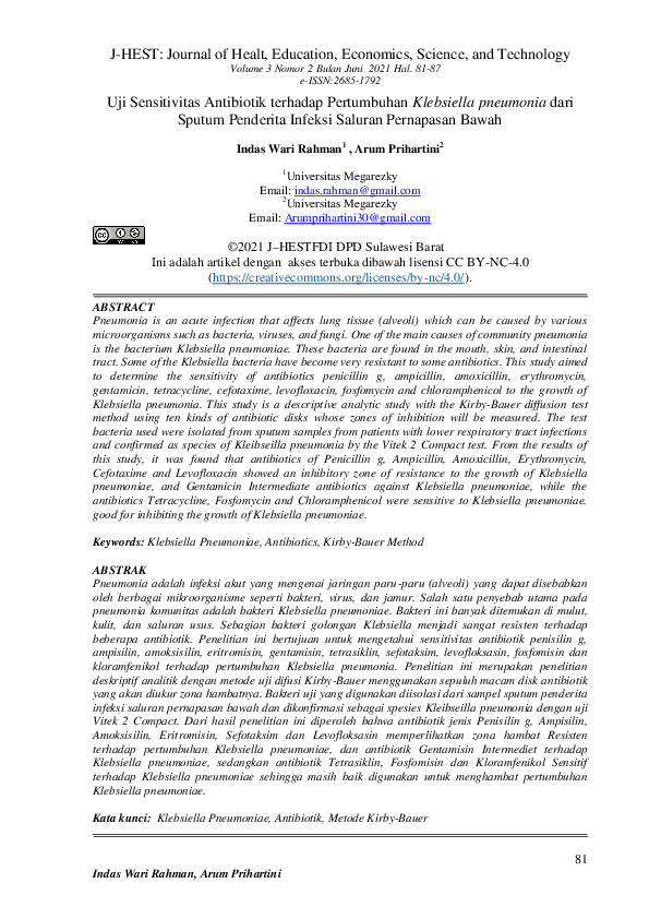 (PDF) Uji Sensitivitas Antibiotik terhadap Pertumbuhan Klebsiella ...
