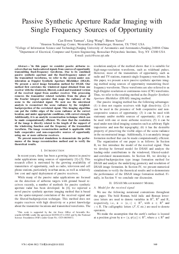 Pdf Passive Synthetic Aperture Radar Imaging With Single Frequency Sources Of Opportunity