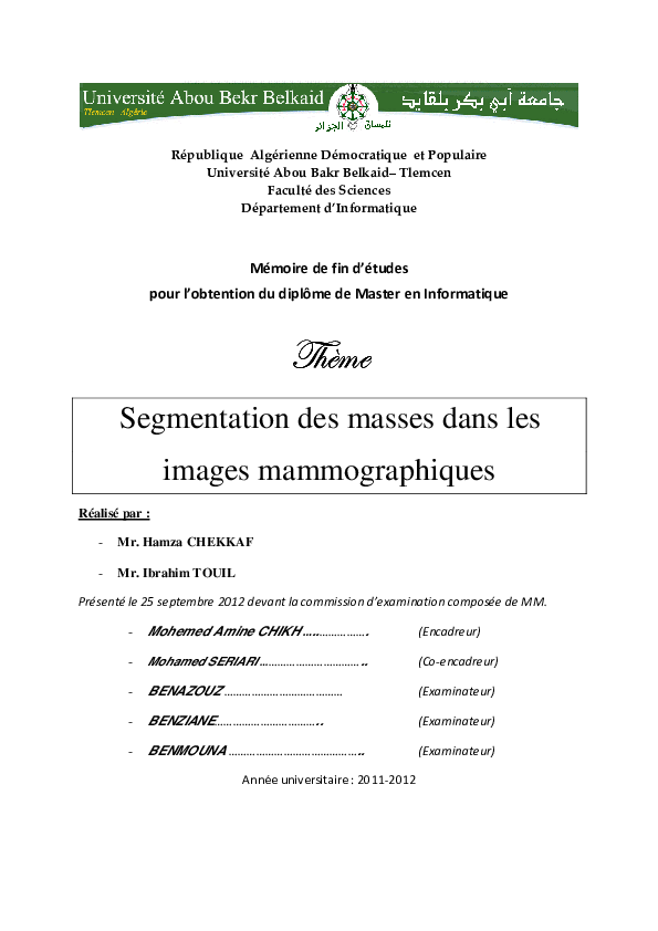 (PDF) Segmentation des masses dans les images mammographiques