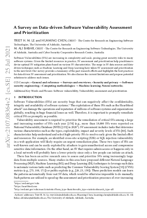 (PDF) A Survey on Data-driven Software Vulnerability Assessment and Prioritization