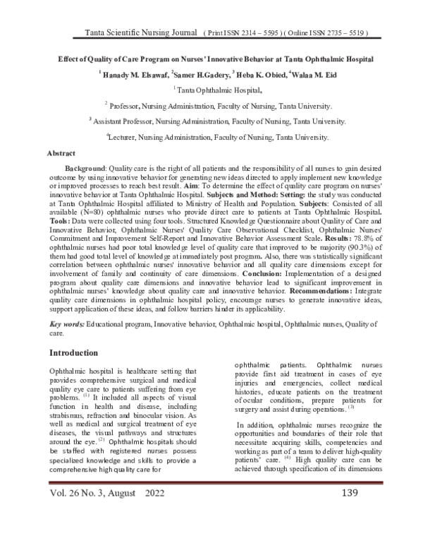 (PDF) Effect of Quality of Care Program on Nurses' Innovative Behavior ...