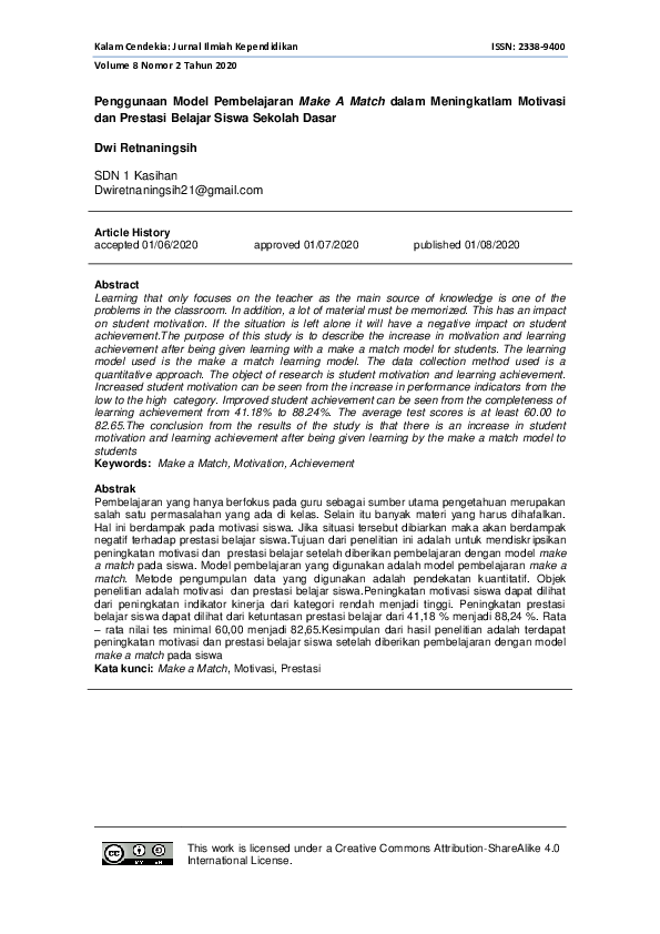 (PDF) Penggunaan Model Pembelajaran Make A Match dalam Meningkatlam Motivasi dan Prestasi ...