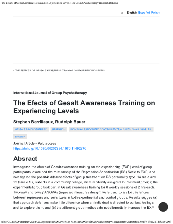 (PDF) The Efects of Gestalt Awareness Training on Experiencing Levels
