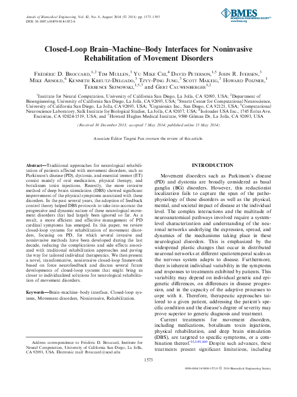 Closed-Loop Brain–Machine–Body Interfaces for Noninvasive Rehabilitation of Movement Disorders