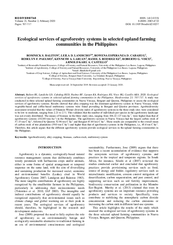 (PDF) Ecological services of agroforestry systems in selected upland ...