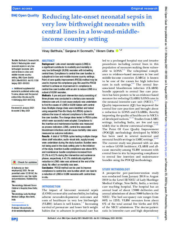 (PDF) Reducing late-onset neonatal sepsis in very low birthweight ...