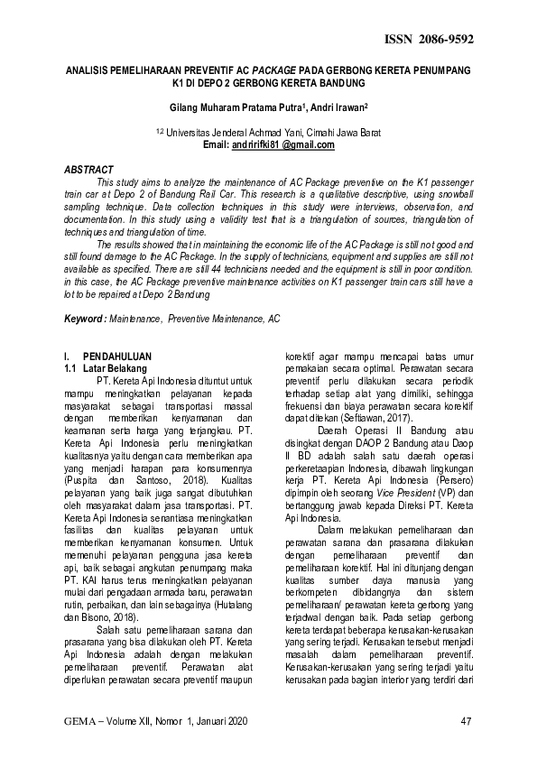 (PDF) Analisis Pemeliharaan Preventif Ac Package Pada Gerbong Kereta Penumpang K1 DI Depo 2 ...