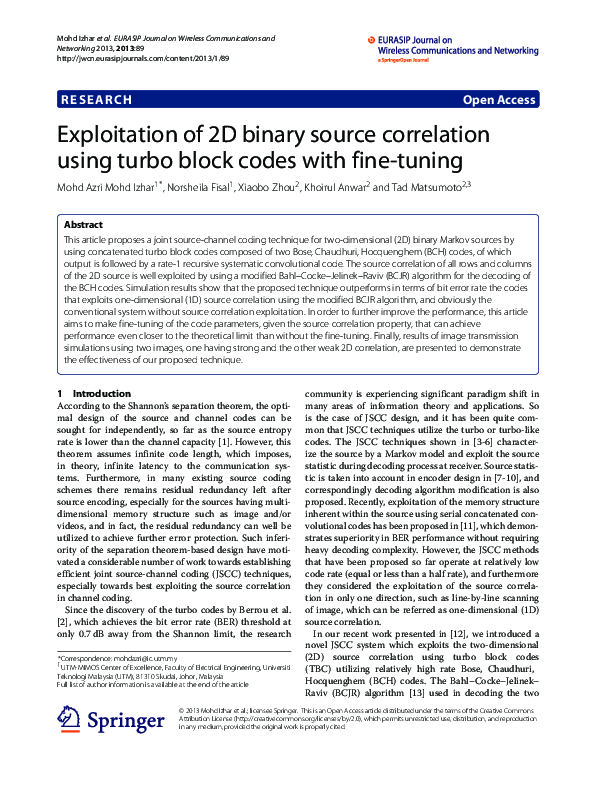 (PDF) Exploitation of 2D binary source correlation using turbo block codes with fine-tuning