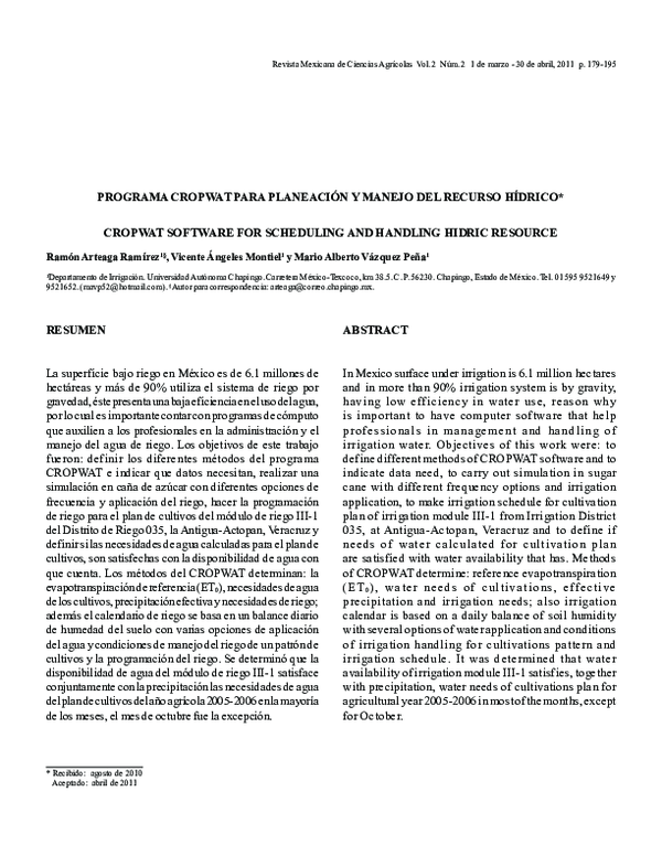 (PDF) CROPWAT software for scheduling and handling hidric resource