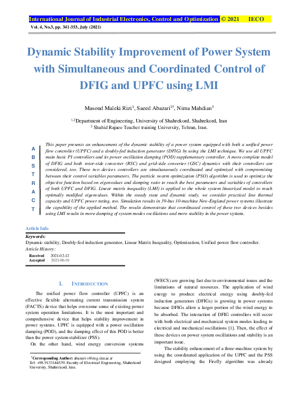 (PDF) Dynamic Stability Improvement of Power System with Simultaneous and Coordinated Control of ...