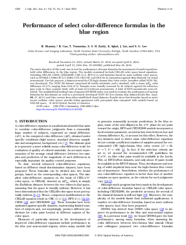 (PDF) Performance of select color-difference formulas in the blue region