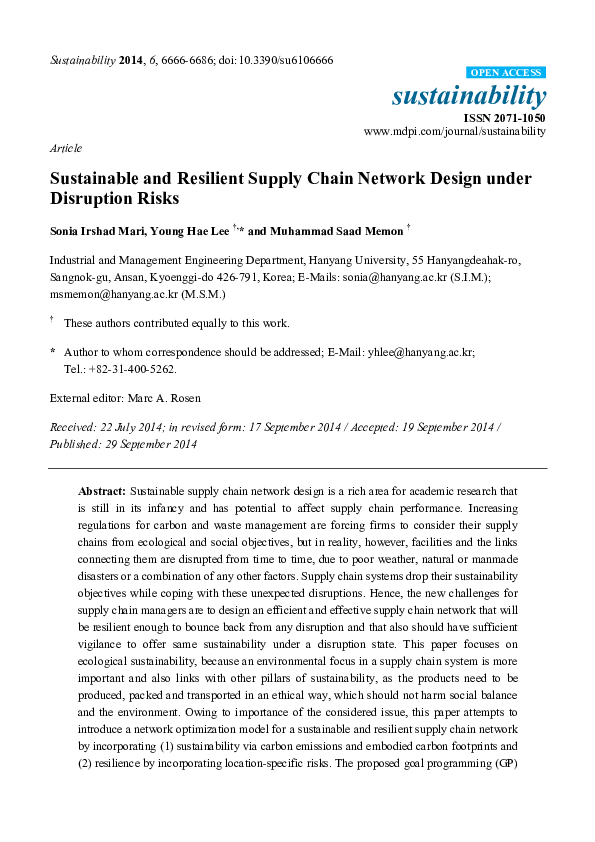 (PDF) Sustainable and Resilient Supply Chain Network Design under Disruption Risks