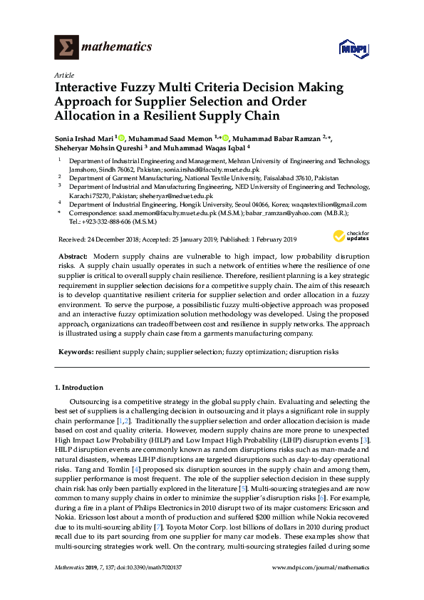 Pdf Fuzzy Supplier Selection For Resilient Supply Chains