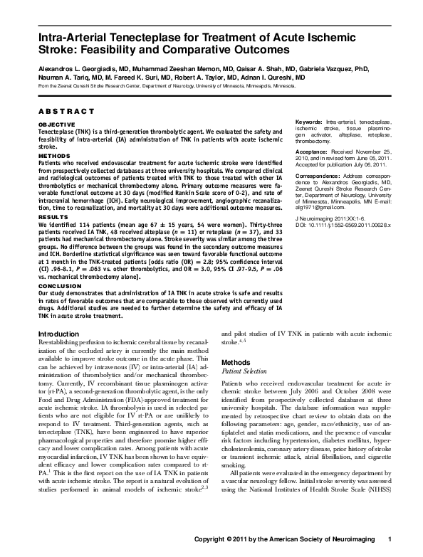 (PDF) Intra-Arterial Tenecteplase for Treatment of Acute Ischemic Stroke: Feasibility and ...