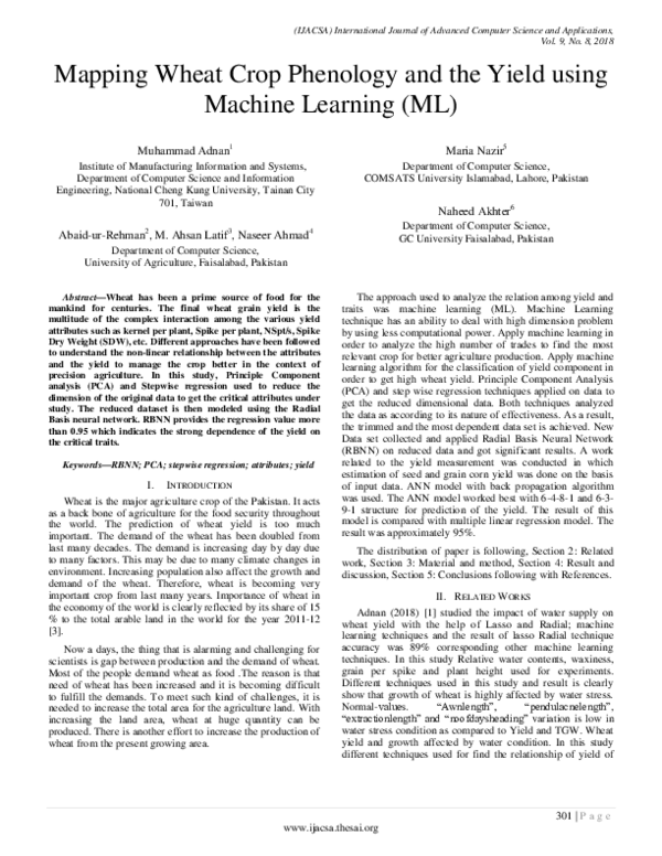 (PDF) Mapping Wheat Crop Phenology and the Yield using Machine Learning (ML)