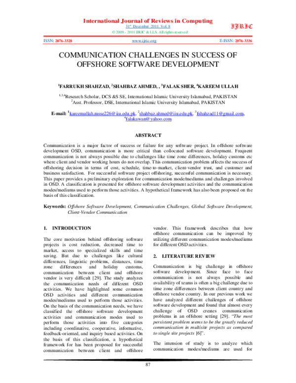 (PDF) Communication Challenges in Success of Offshore Software Development