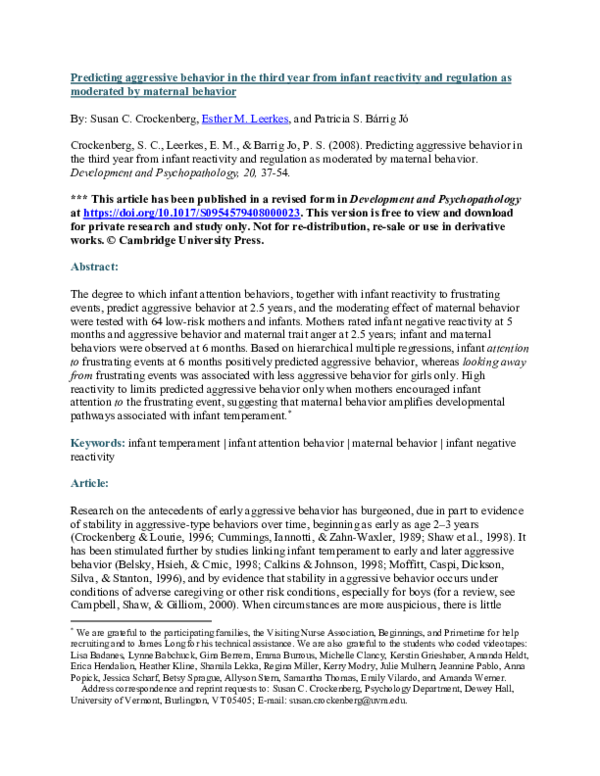 (PDF) Predicting aggressive behavior in the third year from infant ...