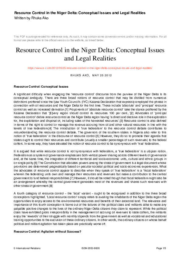 (PDF) Resource Control in the Niger Delta: Conceptual Issues and Legal ...