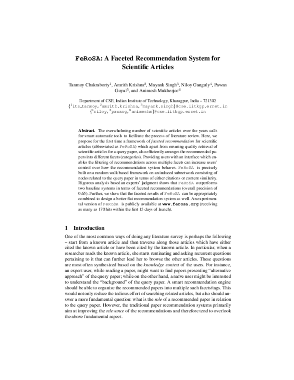 (PDF) FeRoSA: A Faceted Recommendation System for Scientific Articles