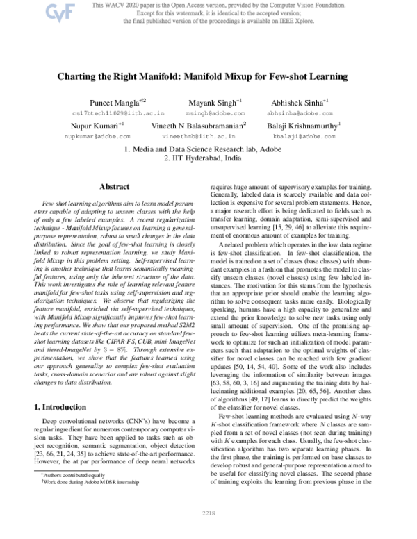 (PDF) Charting the Right Manifold: Manifold Mixup for Few-shot Learning