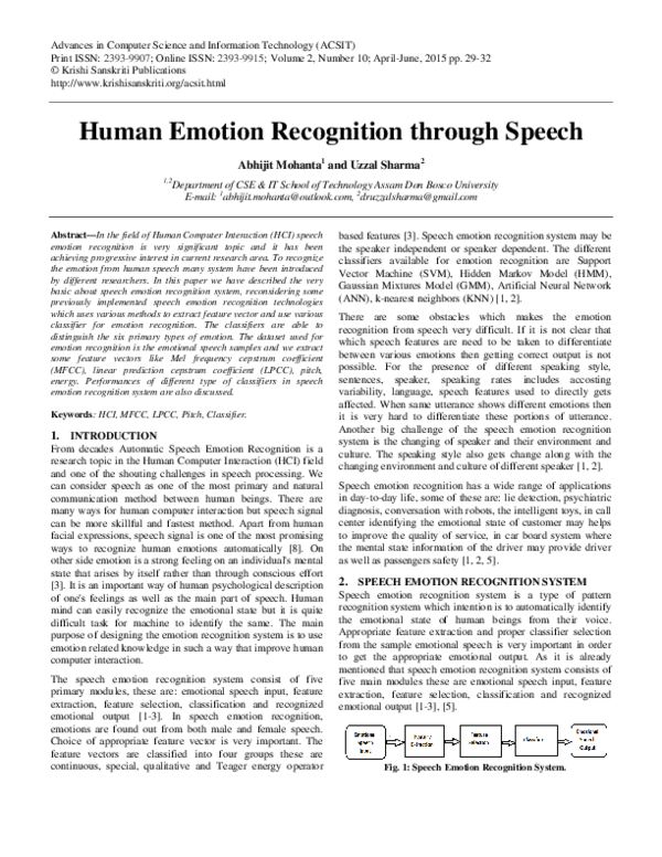 Pdf Human Emotion Recognition Through Speech