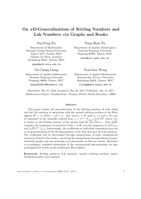 (PDF) On $xD$-Generalizations of Stirling Numbers and Lah Numbers via ...