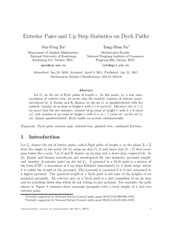 (PDF) Exterior Pairs and Up Step Statistics on Dyck Paths | Tung-Shan Fu - Academia.edu