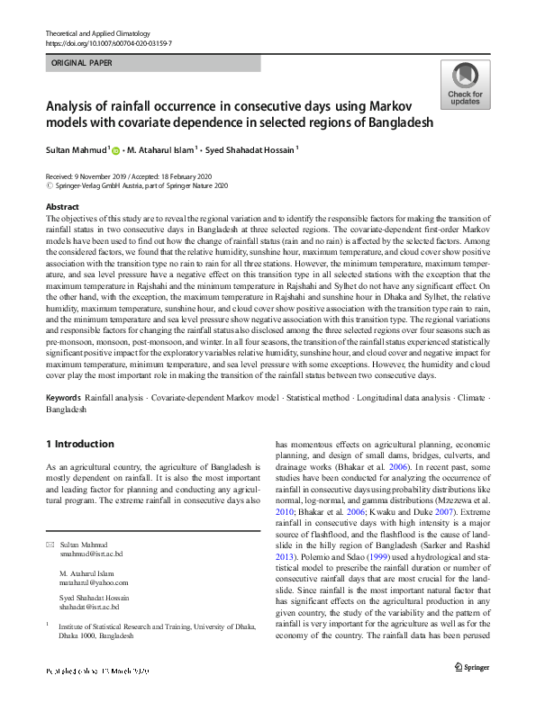 Pdf Analysis Of Rainfall Occurrence In Consecutive Days Using Markov Models With Covariate