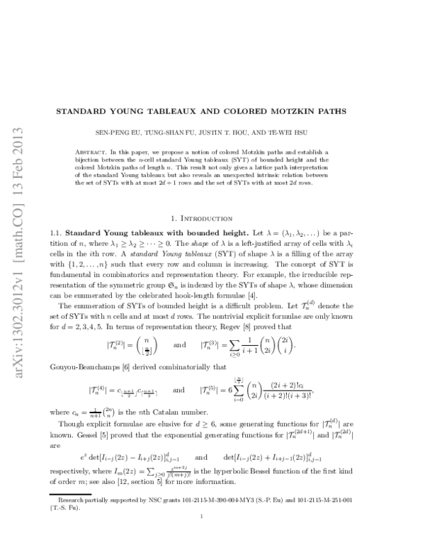 (PDF) Standard Young tableaux and colored Motzkin paths