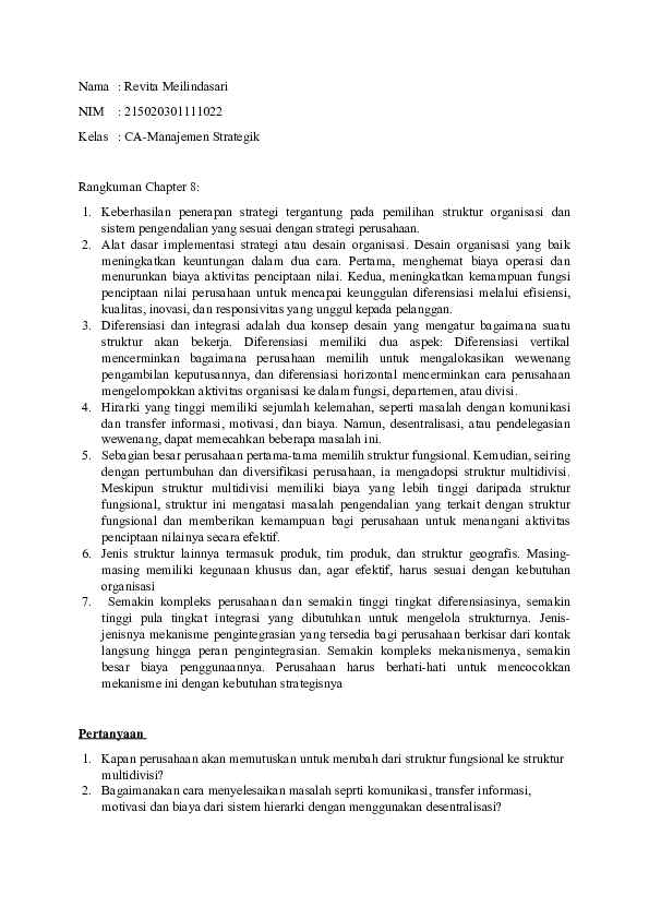 (DOC) MAJANEMEN STRATEGIK Rangkuman Chapter 8
