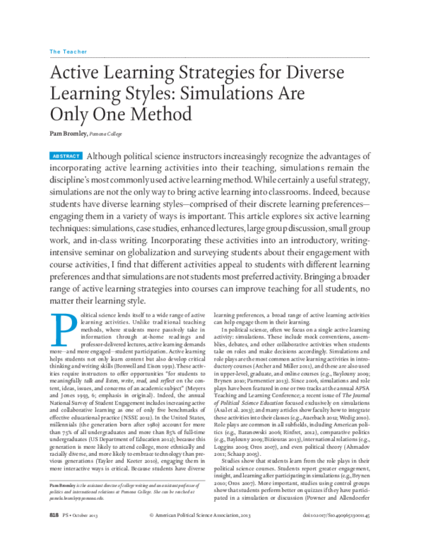 (PDF) Active Learning Strategies for Diverse Learning Styles: Simulations Are Only One Method