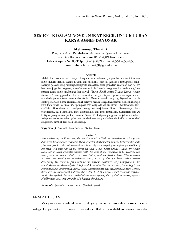 (PDF) Semiotik Dalam Novel Surat Kecil Untuk Tuhan Karya Agnes Davonar