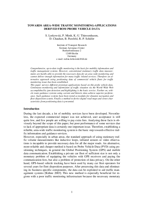 Pdf Area Wide Traffic Monitoring Using Probe Data